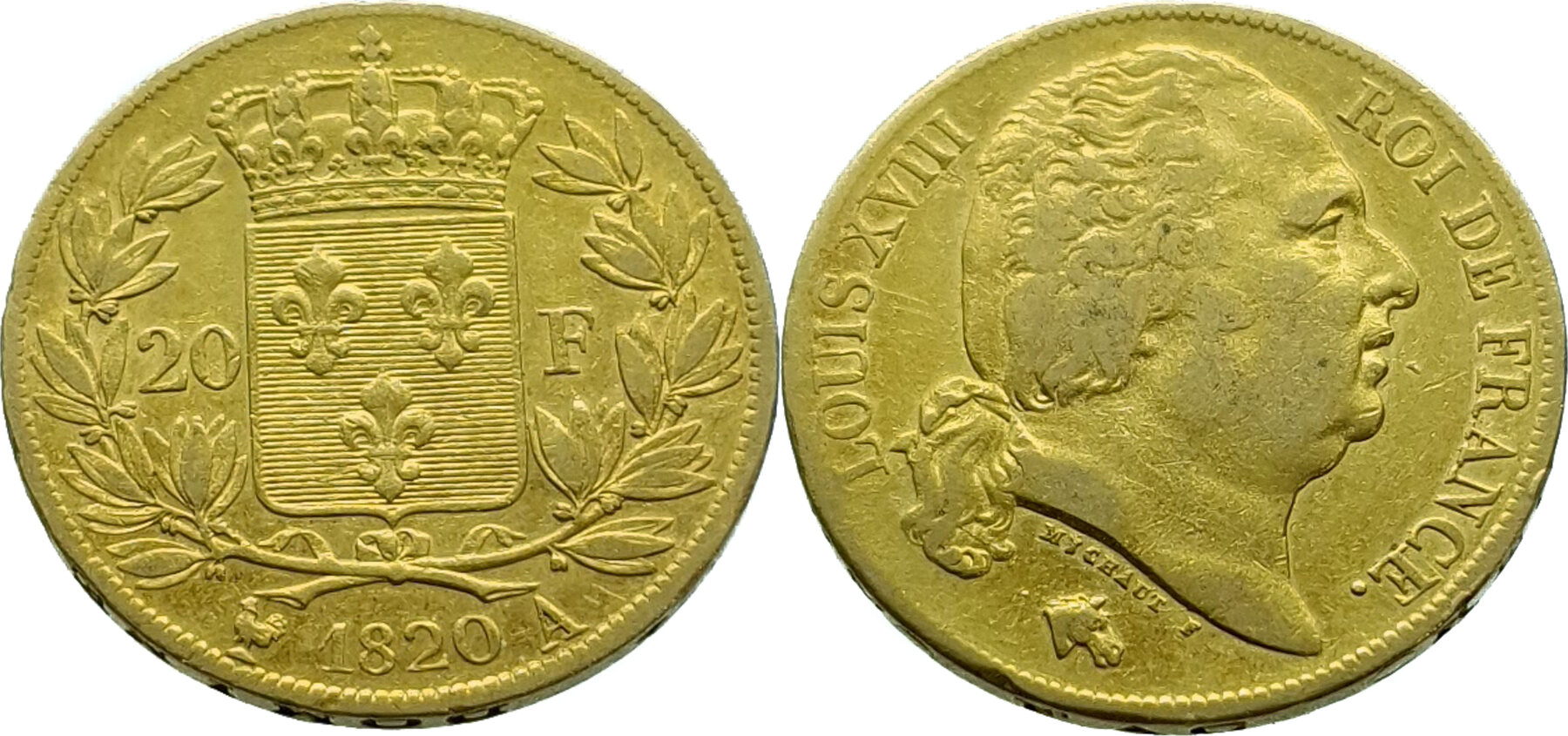 France 20 Francs 1820-A Louis XVIII - Gold Very Fine+ | MA-Shops