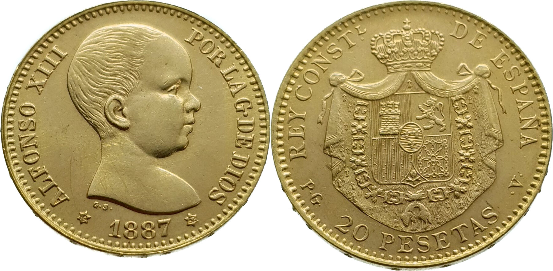 Spain 20 Pesetas 1887 *62 Alfonso XIII - Gold UNC (Uncirculated) | MA-Shops