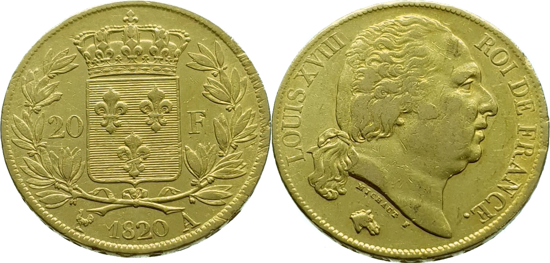 France 20 Francs 1820-A Louis XVIII - Gold Very Fine+ | MA-Shops