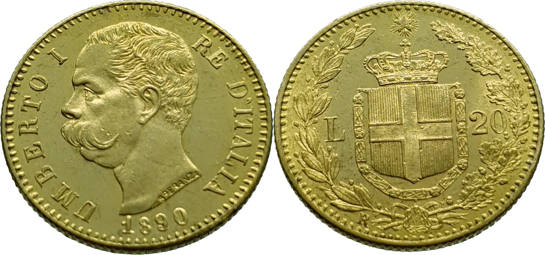 Italy 20 Lire 1890 Umberto I - Gold EF / FDC | MA-Shops