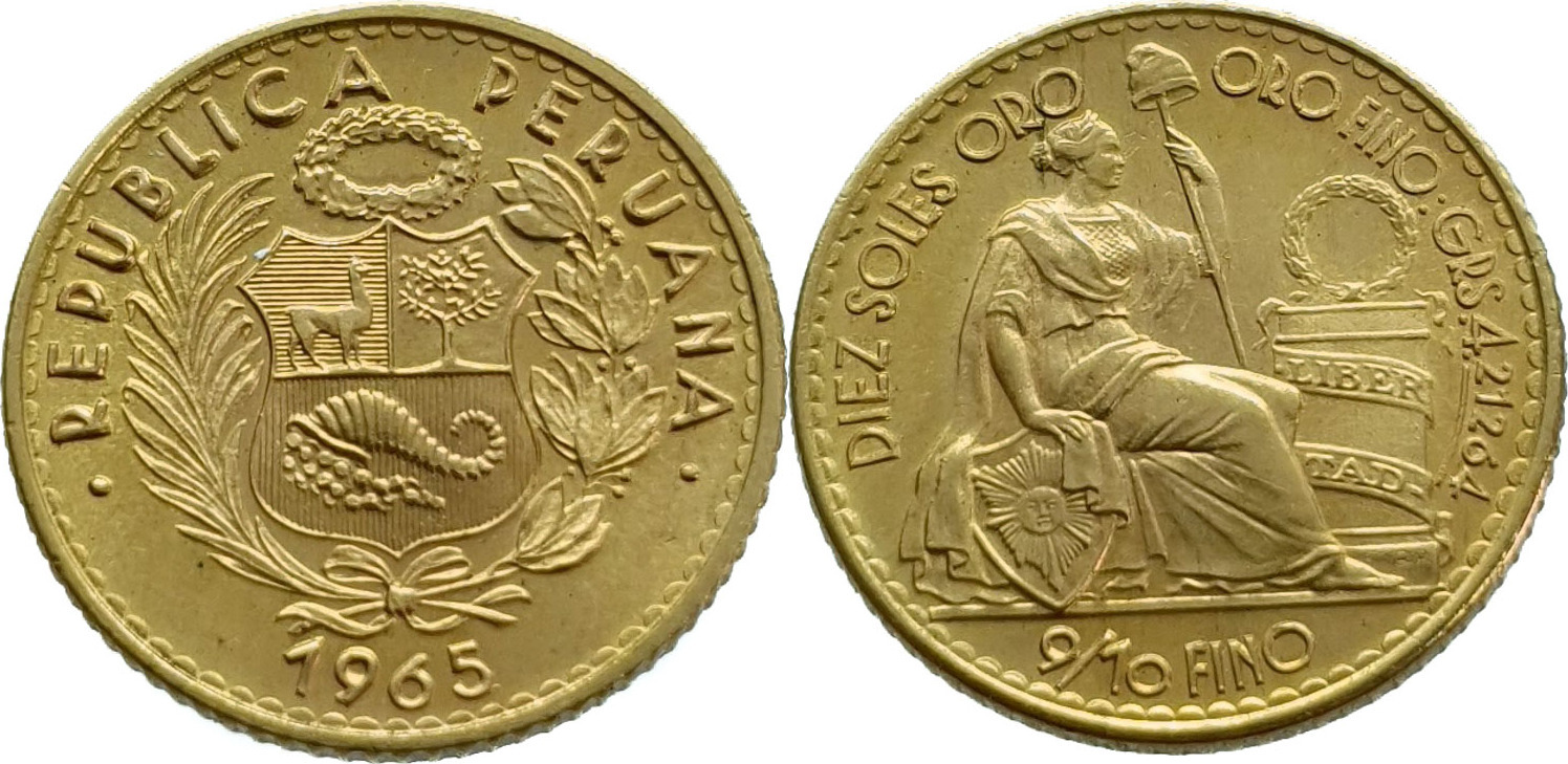 Peru 10 Soles 1965 Gold UNC (Uncirculated) | MA-Shops
