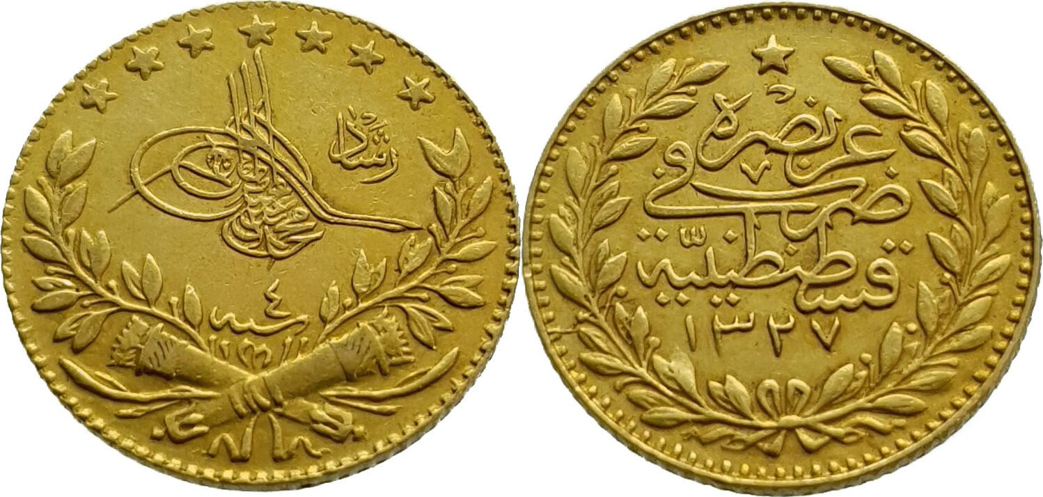 Ottoman Empire / Turkey 25 Kurush AH 1327/4 (1912) Muhammad V - Gold ...