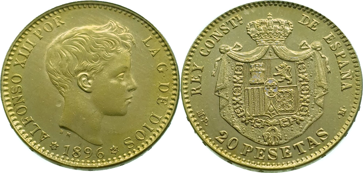 Spain 20 Pesetas 1896 MPM Alfonso XIII - Gold EF / FDC | MA-Shops