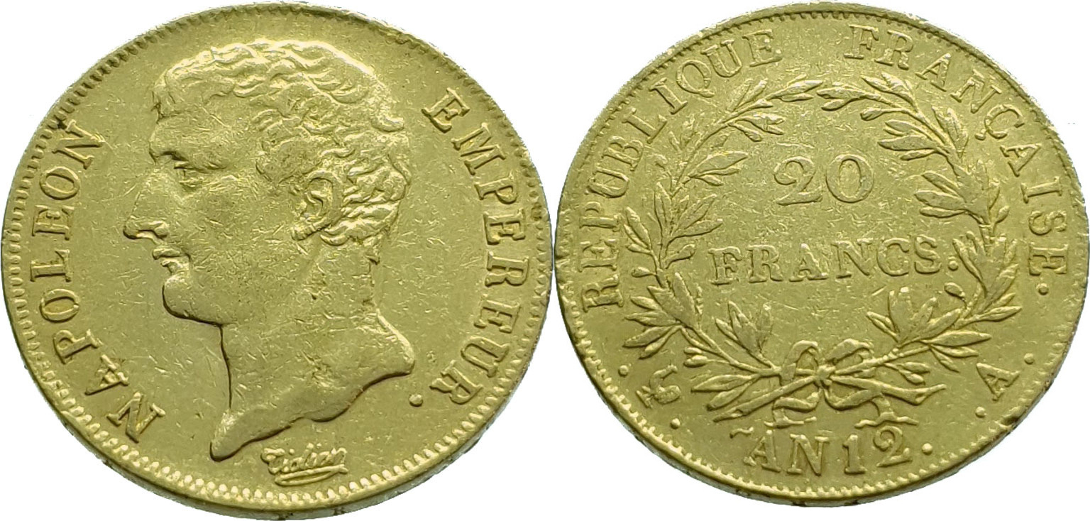 France 20 Francs AN12-A (1803) Napoleon Empereur - Gold Very Fine+ | MA-Shops