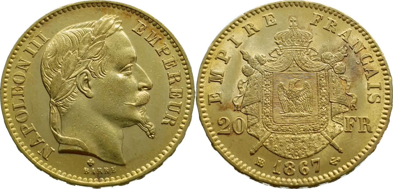 France 20 Francs 1867-BB Napoleon III - Gold EF / FDC | MA-Shops