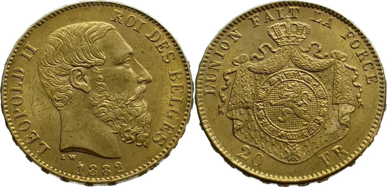 Belgium 20 Francs 1882 Leopold II - Gold EF / FDC | MA-Shops
