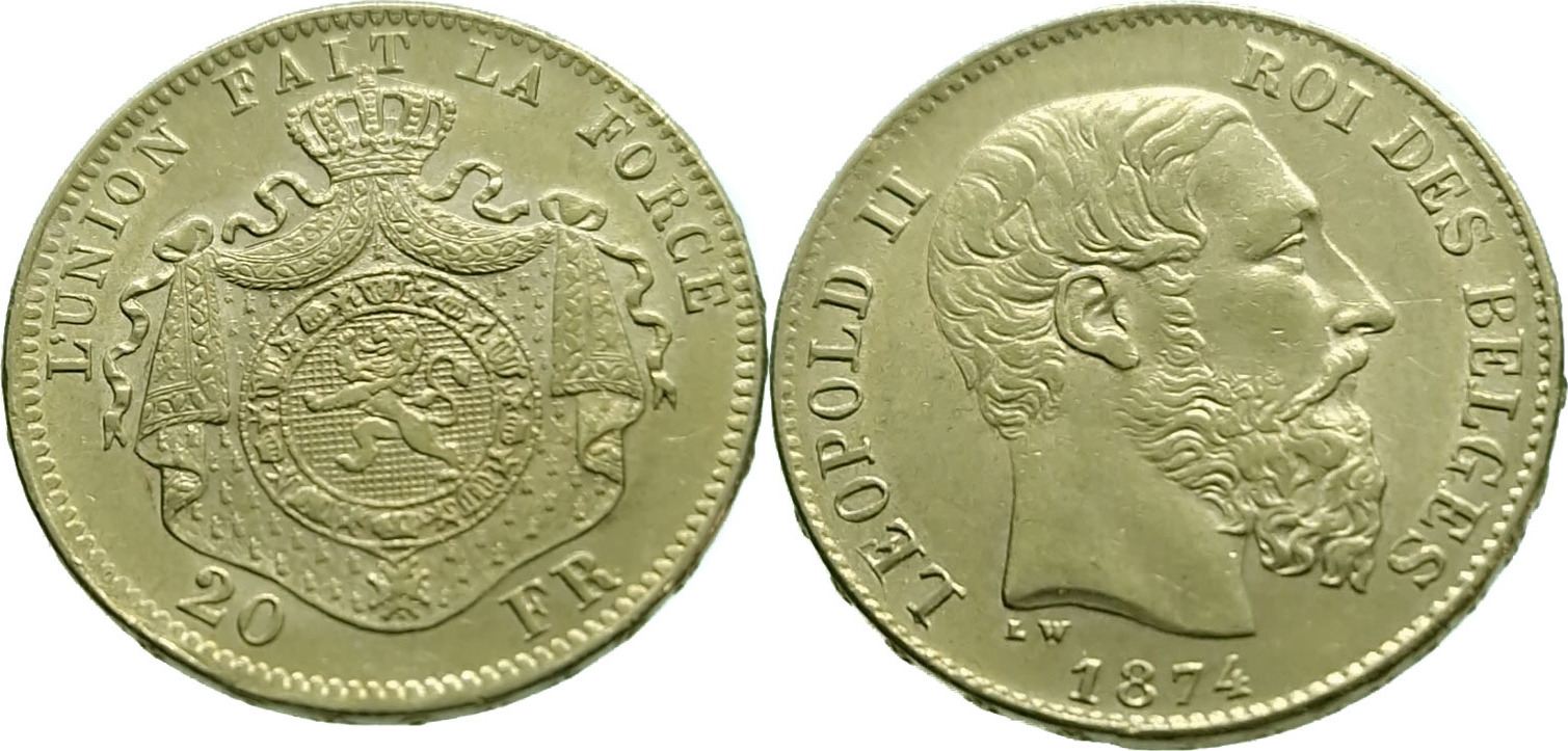 Belgium 20 Francs 1874 Leopold II - Gold FDC | MA-Shops