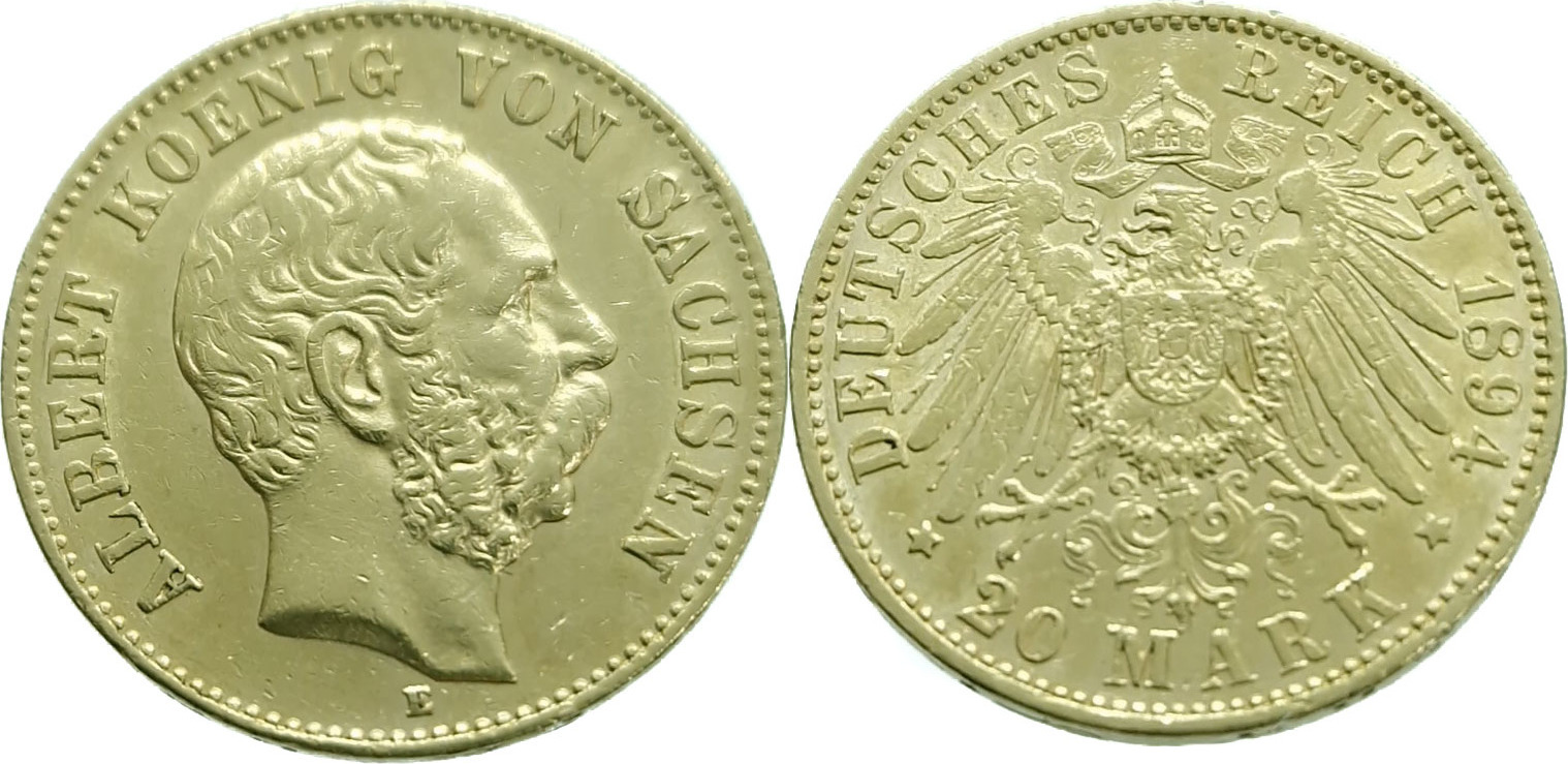 Germany, Sachsen 20 Mark 1891-E Albert - Gold VF / Extremely Fine | MA ...