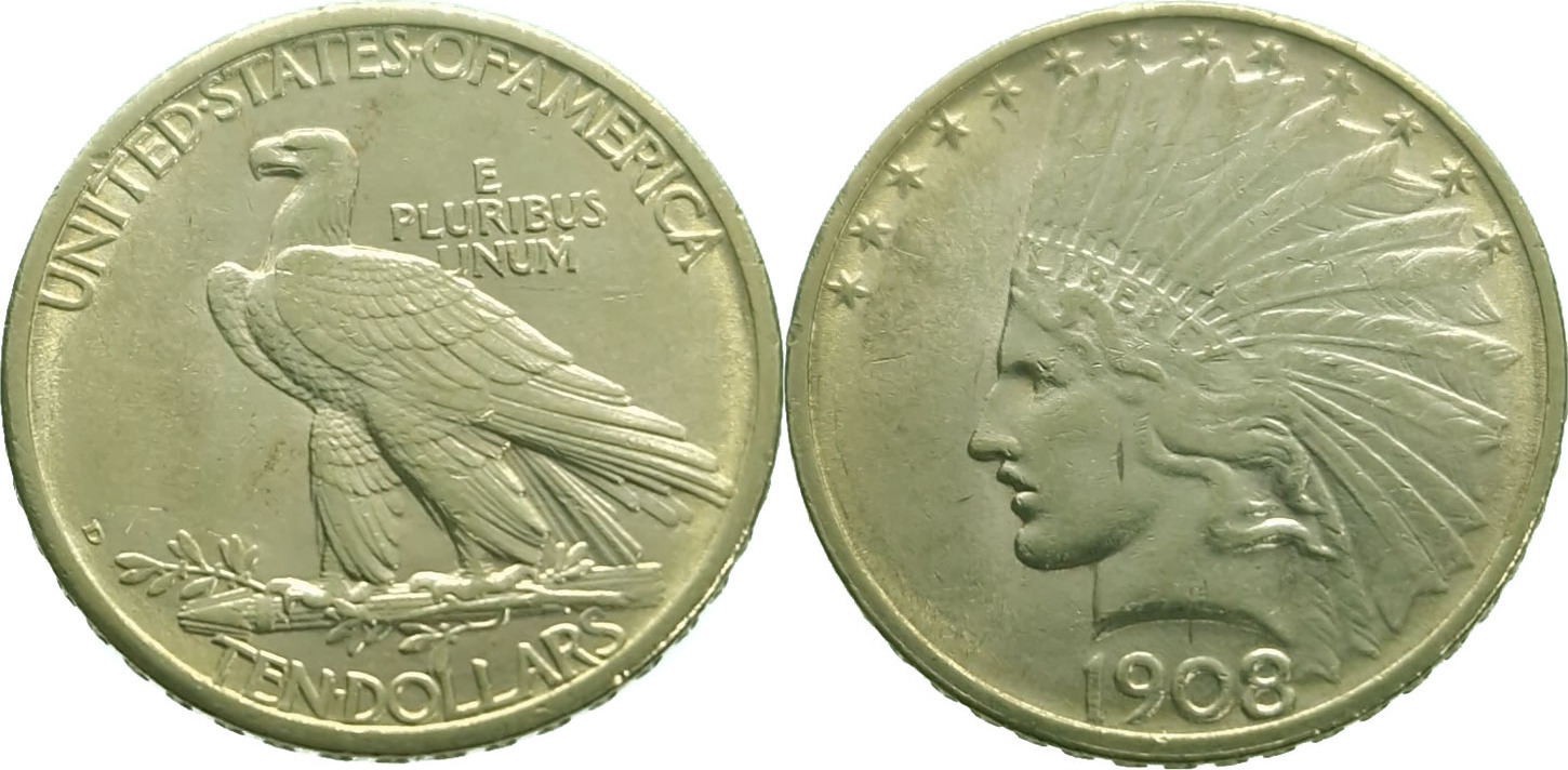 USA 10 Dollars 1908-D Indian Head - No Motto - Gold Extremely Fine | MA ...