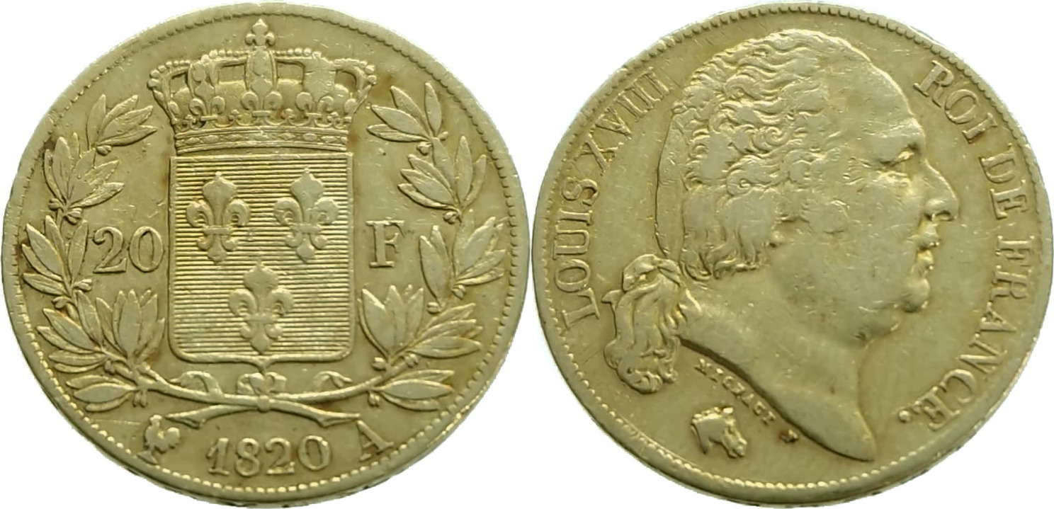 France 20 Francs 1820-A Louis XVIII - Gold Very Fine+ | MA-Shops
