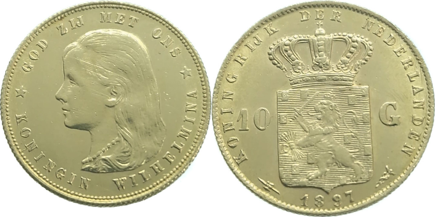 Nederland 10 Gulden 1897 Wilhelmina - Parels vast - Gold EF / FDC | MA ...