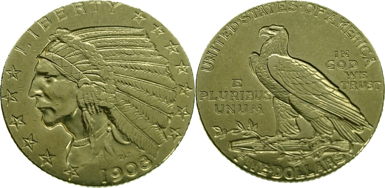 USA 5 Dollars 1908 Indian Head - Gold Extremely Fine | MA-Shops
