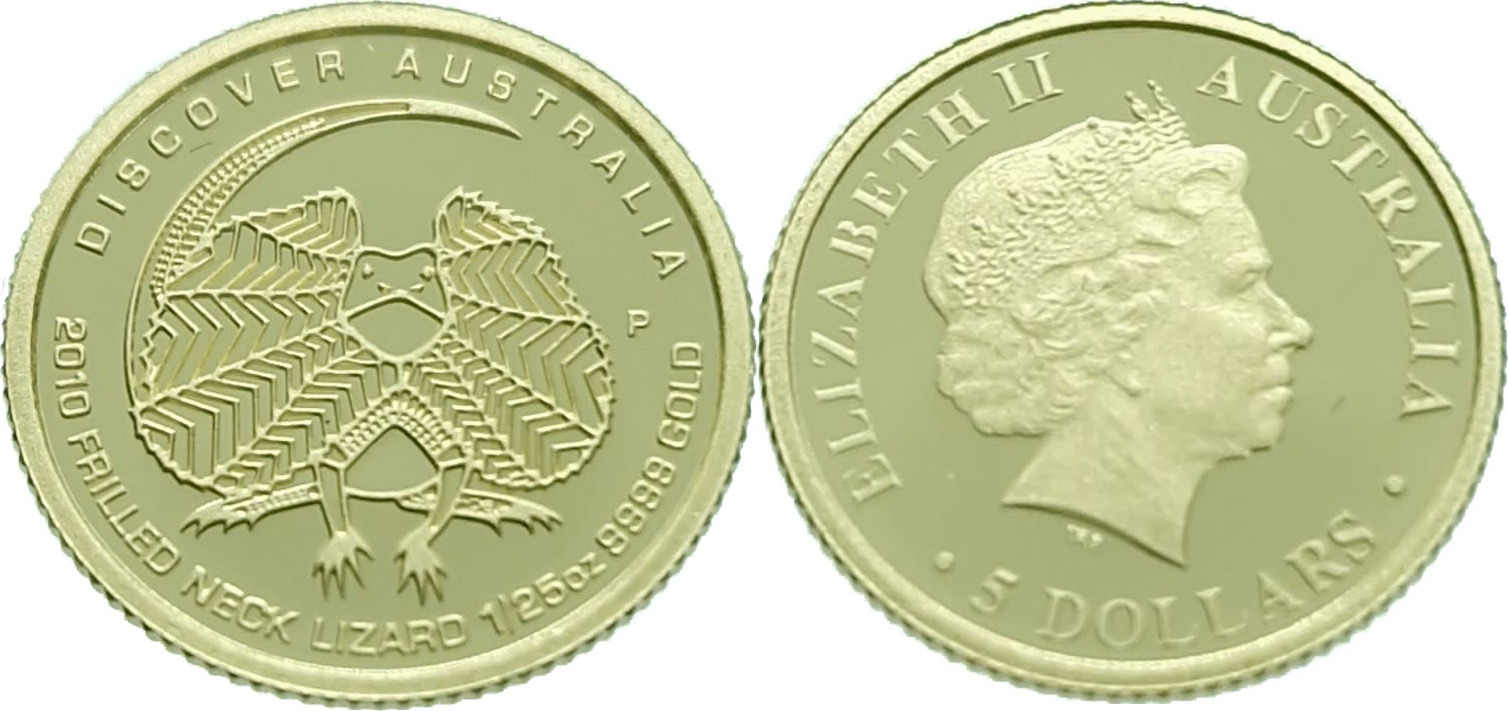Australia 5 Dollars 2010 Frilled neck Lizard - 1/25 Oz. - Gold Proof ...