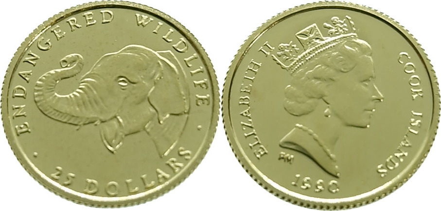 Cook Islands 25 Dollars 1990 Elephant - Elizabeth II - Gold Proof | MA ...