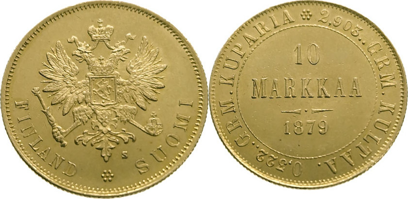 Finland 10 Markkaa 1879 Nikolai II - Gold UNC (Uncirculated) | MA-Shops