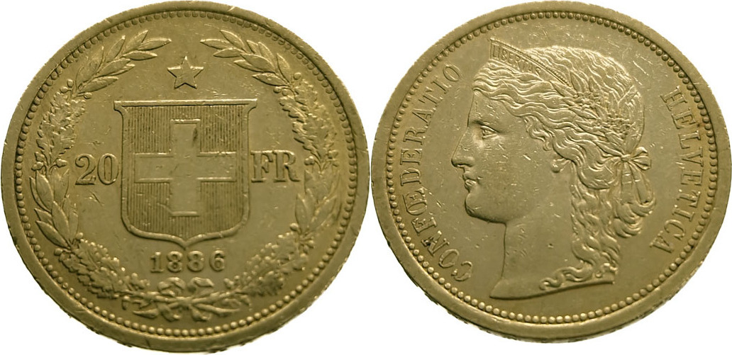 Switzerland 20 Francs 1886 Helvetica - Gold Extremely Fine | MA-Shops