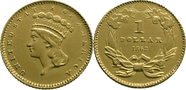 USA 1 Dollar 1862 Large Indian Head - Gold Extremely Fine | MA-Shops