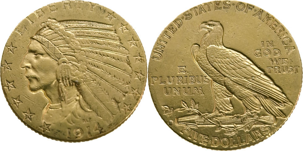 USA 5 Dollars 1914-D Indian Head - Gold Extremely Fine | MA-Shops