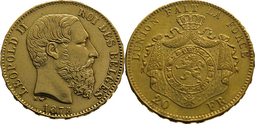Belgium 20 Francs 1875 Leopold II - Gold Extremely Fine | MA-Shops