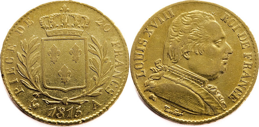 France 20 Francs 1815-A Louis XVIII - Gold Very Fine+ | MA-Shops