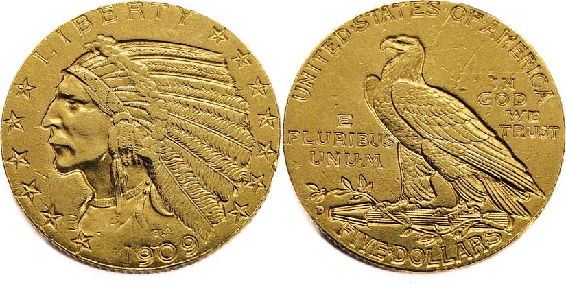 USA 5 Dollars 1909 Indian Head - Gold Extremely Fine | MA-Shops