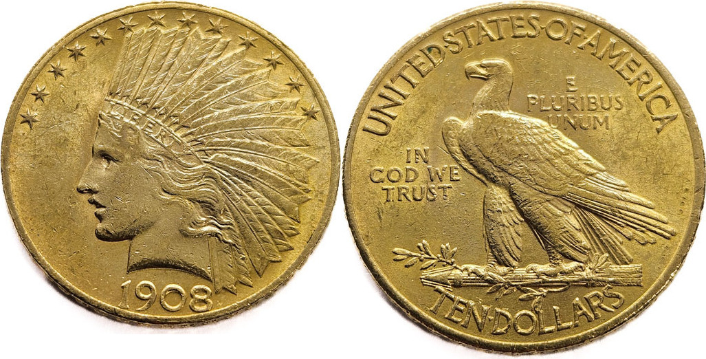 USA 10 Dollar 1908 Indian Head - Gold Extremely Fine | MA-Shops