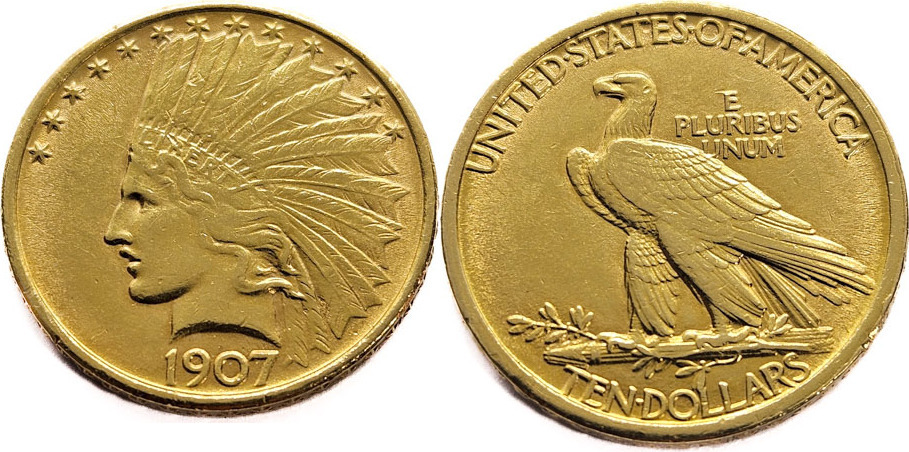 USA 10 Dollars 1907 Indian Head - No Motto - Gold Extremely Fine | MA-Shops
