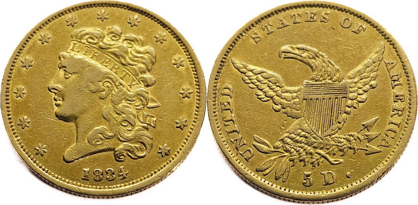 USA 5 Dollars 1834 Classic Head - Gold VF / Extremely Fine | MA-Shops