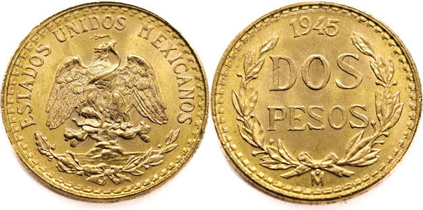 Mexico 2 Peso 1945 Gold UNC (Uncirculated) | MA-Shops