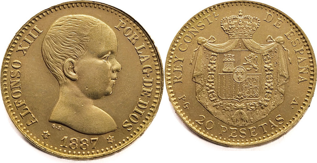 Spain 20 Pesetas 1887 PGV Alfonso XIII - Gold UNC (Uncirculated) | MA-Shops