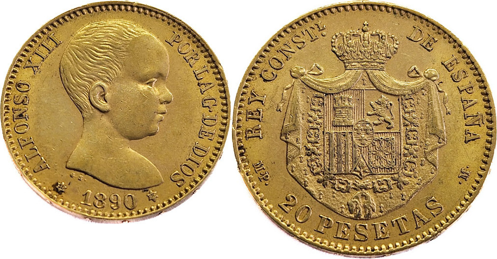 Spain 20 Pesetas 1890 Alfonso XIII - Gold UNC (Uncirculated) | MA-Shops