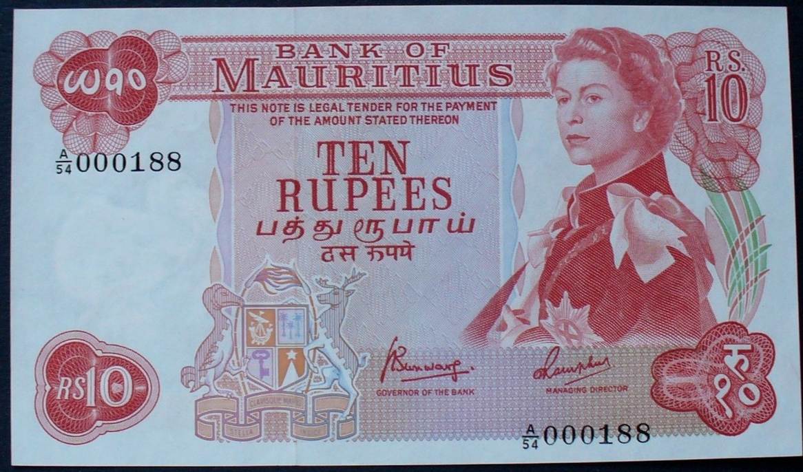 Mauritius 10 Rupees ND(1967) P. 31 c / Serie A/54 000188 UNC | MA-Shops