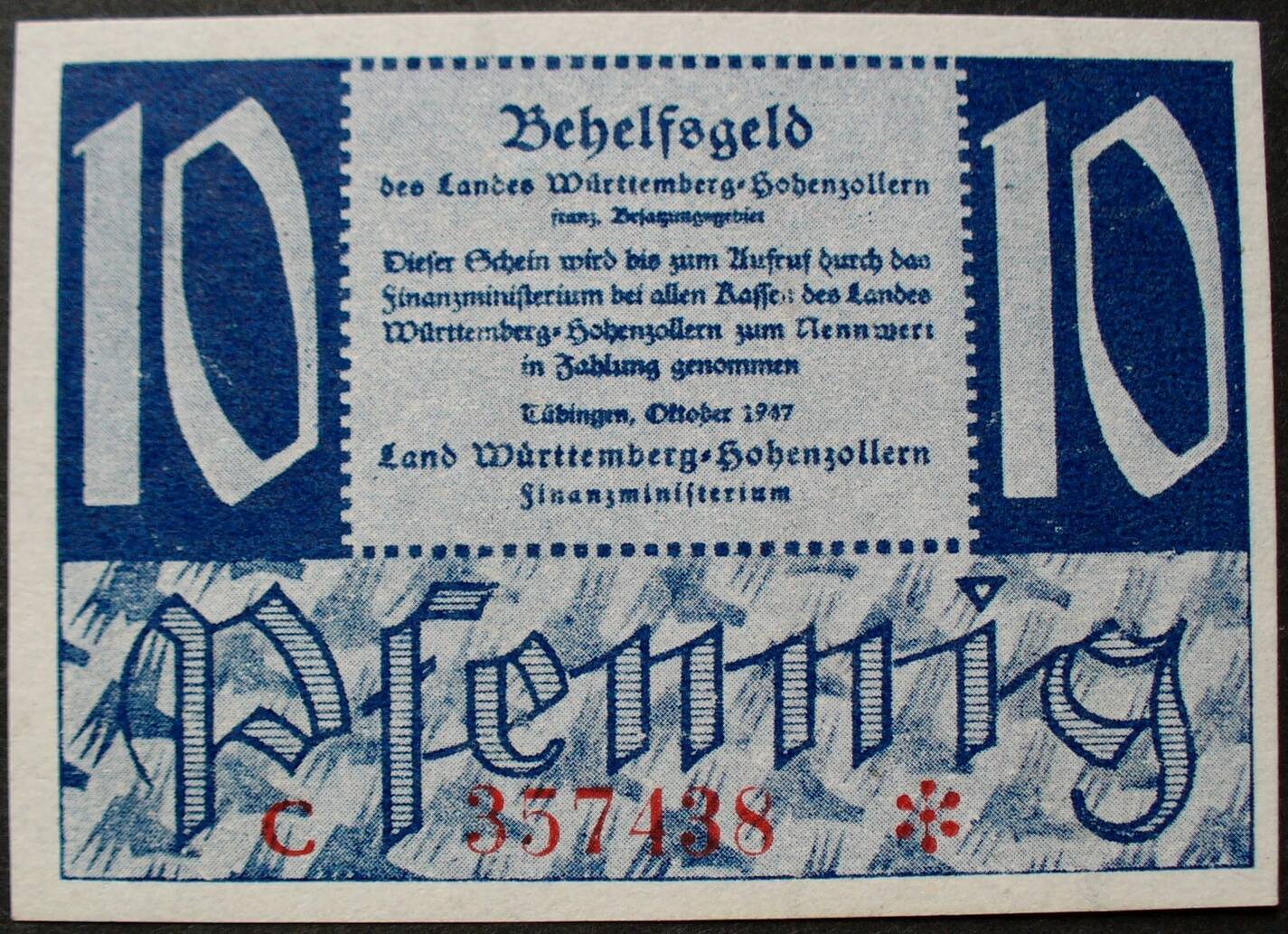 Württemberg-Hohenzollern 10 Pfennig Okt. 1947 Ros. 215 a / Serie D BU ...