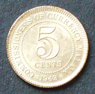 Britisch Malaya 5 Cents 1943 S.36 a / 500er Silber, 2,71g / George VI. UNC | MA-Shops
