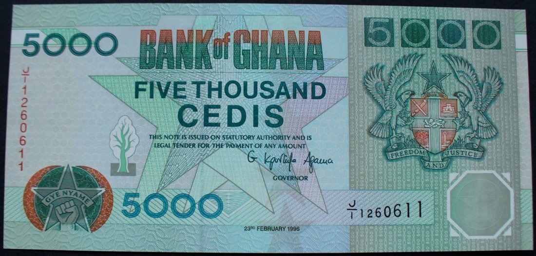 5 000 Cedis 23 2 1996 Ghana P 31 C UNC MA Shops