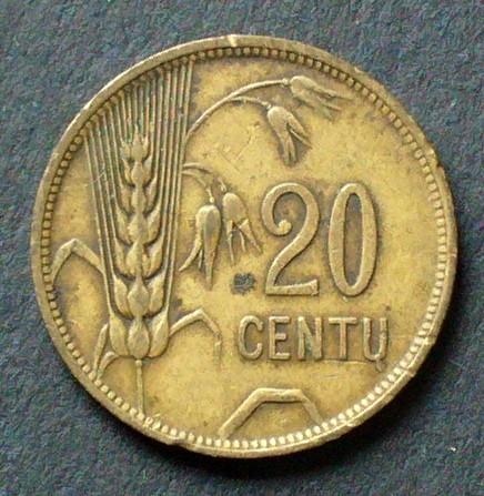 Litauen 20 Centu 1925 S.4 / Al-Bro / Staatswappen - Weizenähre und ...