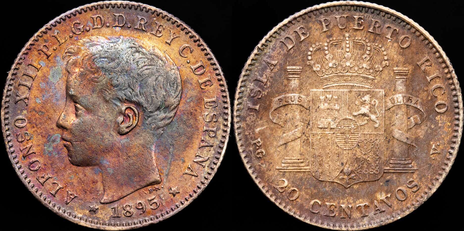 Puerto Rico 20 Centavos 1895 1886-1931 Alfonso XIII EBC- | MA-Shops