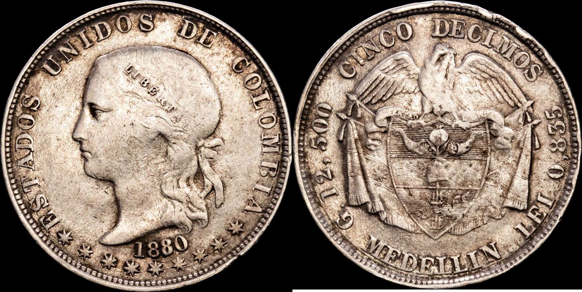 Medellín 5 Décimos 1880 Colombia VF | MA-Shops