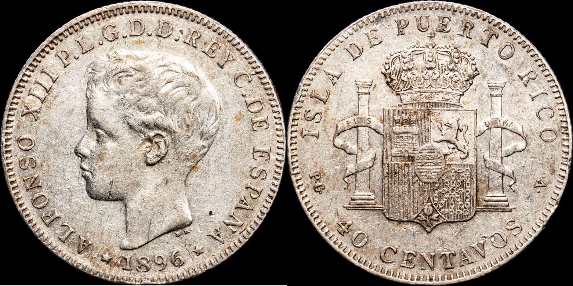 Puerto Rico 40 Centavos 1896 1886-1931 Alfonso XIII MBC+ | MA-Shops