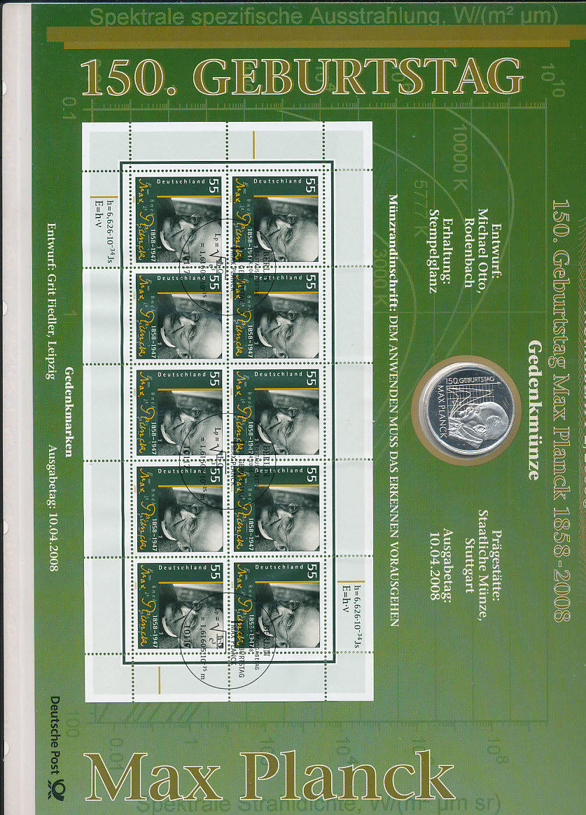 Deutschland, 10 Euro 2008 Numisblatt Max Planck 1858-2008 CH UNC, | MA ...