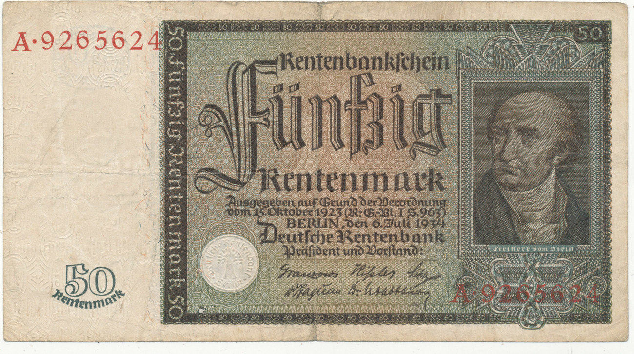 Deutsches Reich,Drittes Reich, 50 Rentenmark 1934 Ro.165 Serie A VF ...
