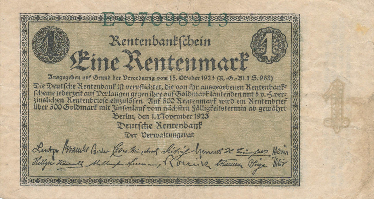 Deutsches Reich,Weimarer Republik, 1 Rentenmark 1923 Ro.154a ...