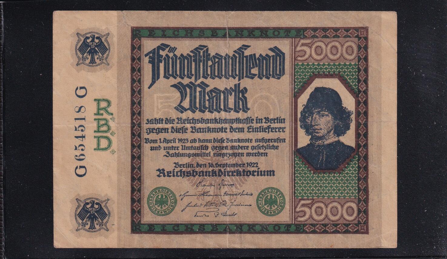 Weimarer Republik, Reichsbank, 5000 Mark 1923 Ro.76,DEU-87, Serie: G ...