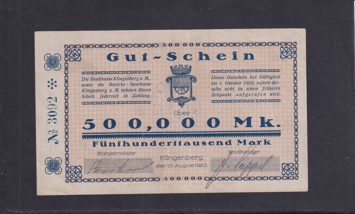 Weimarer Republik, Bayern, 500000 Mark 1923 Klingenberg am Main, Stadt ...
