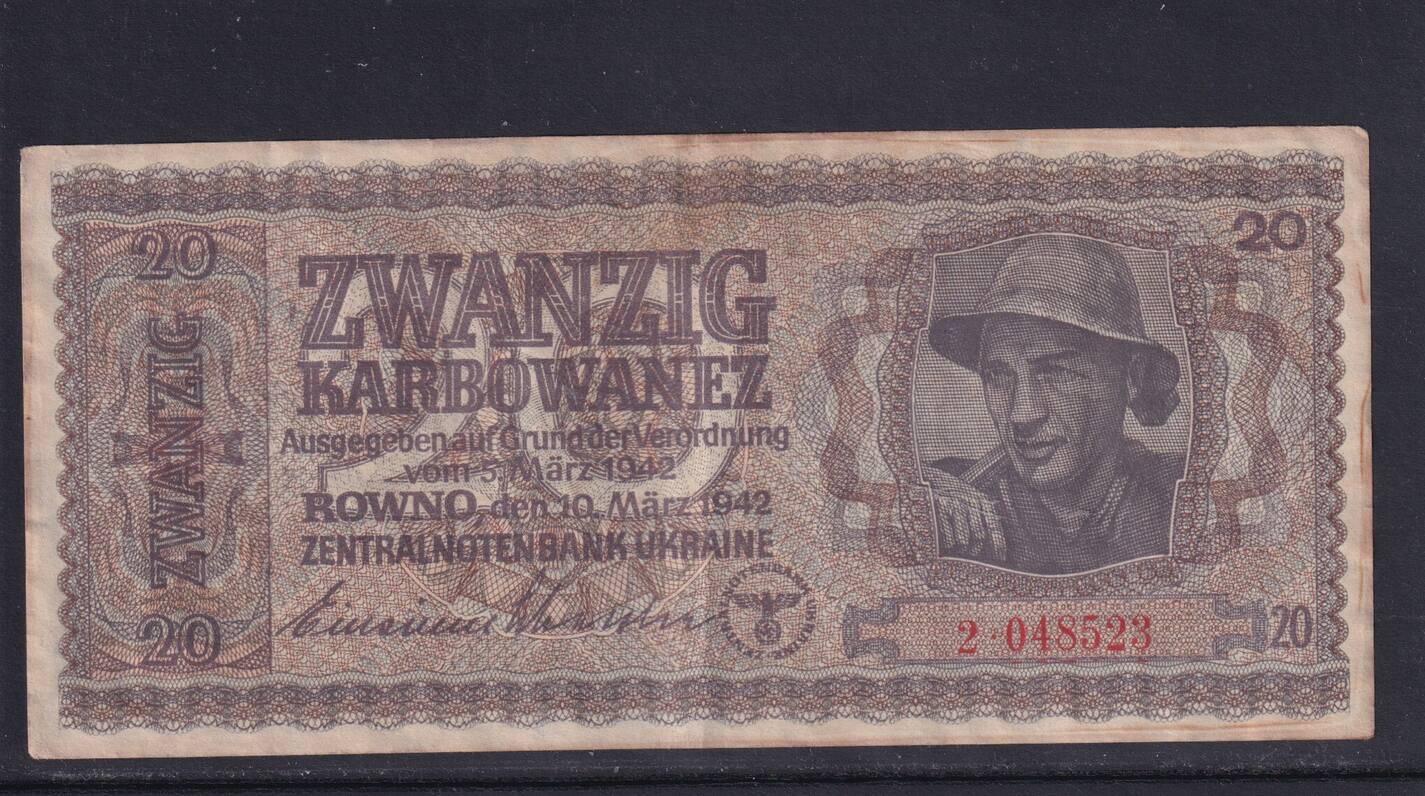 Drittes Reich, Ukraine, 20 Karbowanez 1942 Ro.595a, ZWK-51a, KN 6 ...