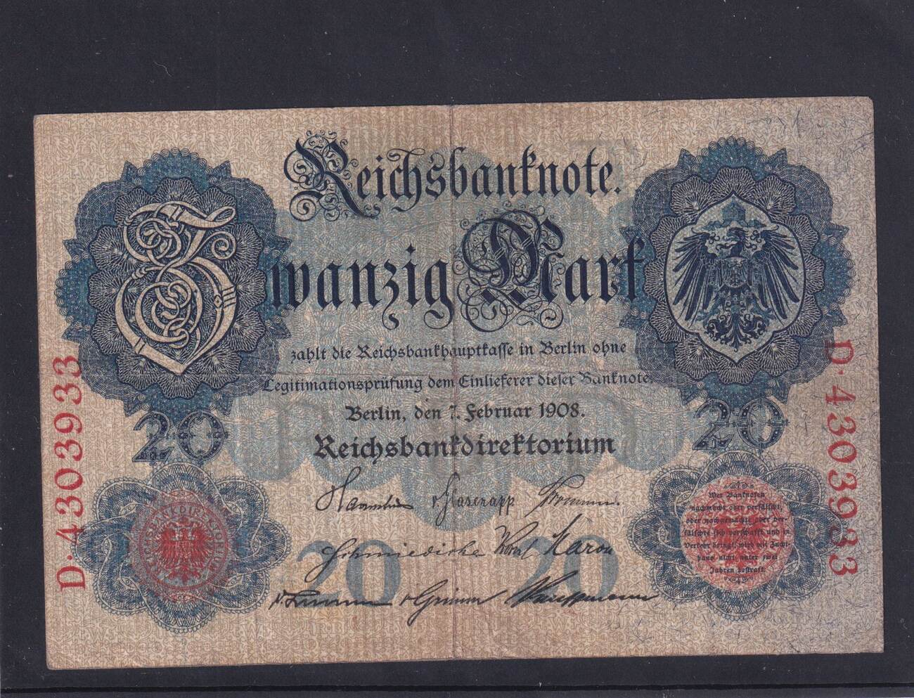 Kaiserreich, Reichsbanknote, 20 Mark 1908 Ro.31,DEU-29, Serie: D, Udr ...
