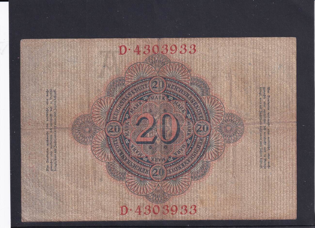 Kaiserreich, Reichsbanknote, 20 Mark 1908 Ro.31,DEU-29, Serie: D, Udr ...