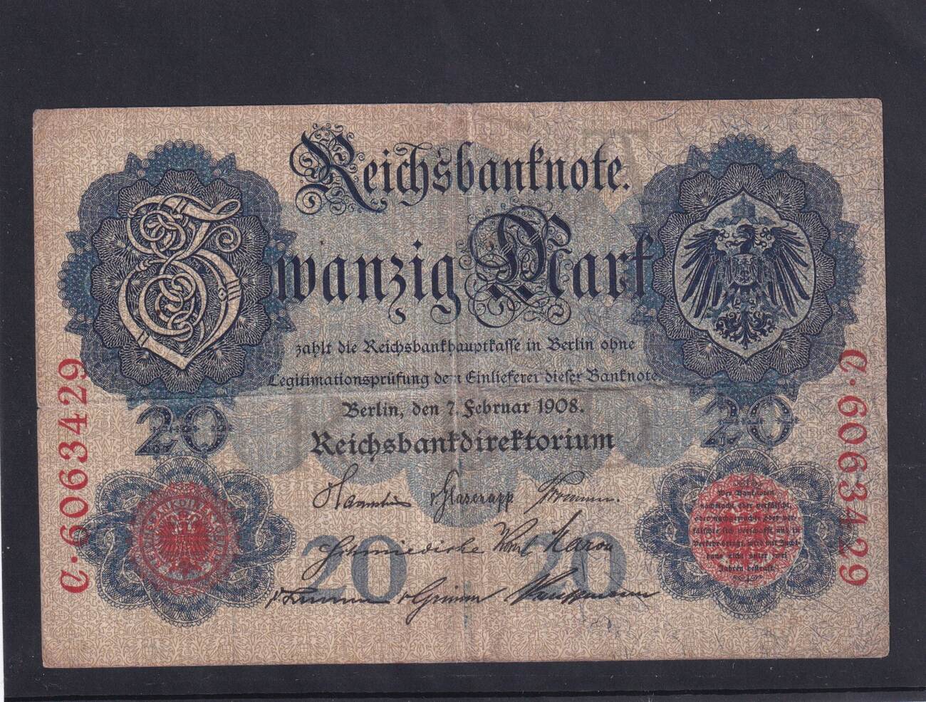 Kaiserreich, Reichsbanknote, 20 Mark 1908 Ro.31,DEU-29, Serie: C, Udr ...