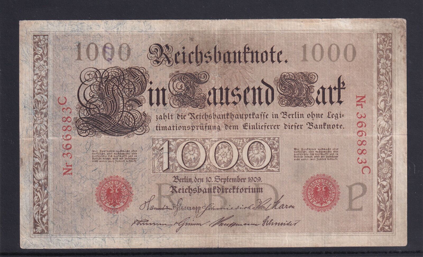 Kaiserreich, Reichsbanknote, 1000 Mark 1909 Ro.39, DEU-36, Serie: C ...