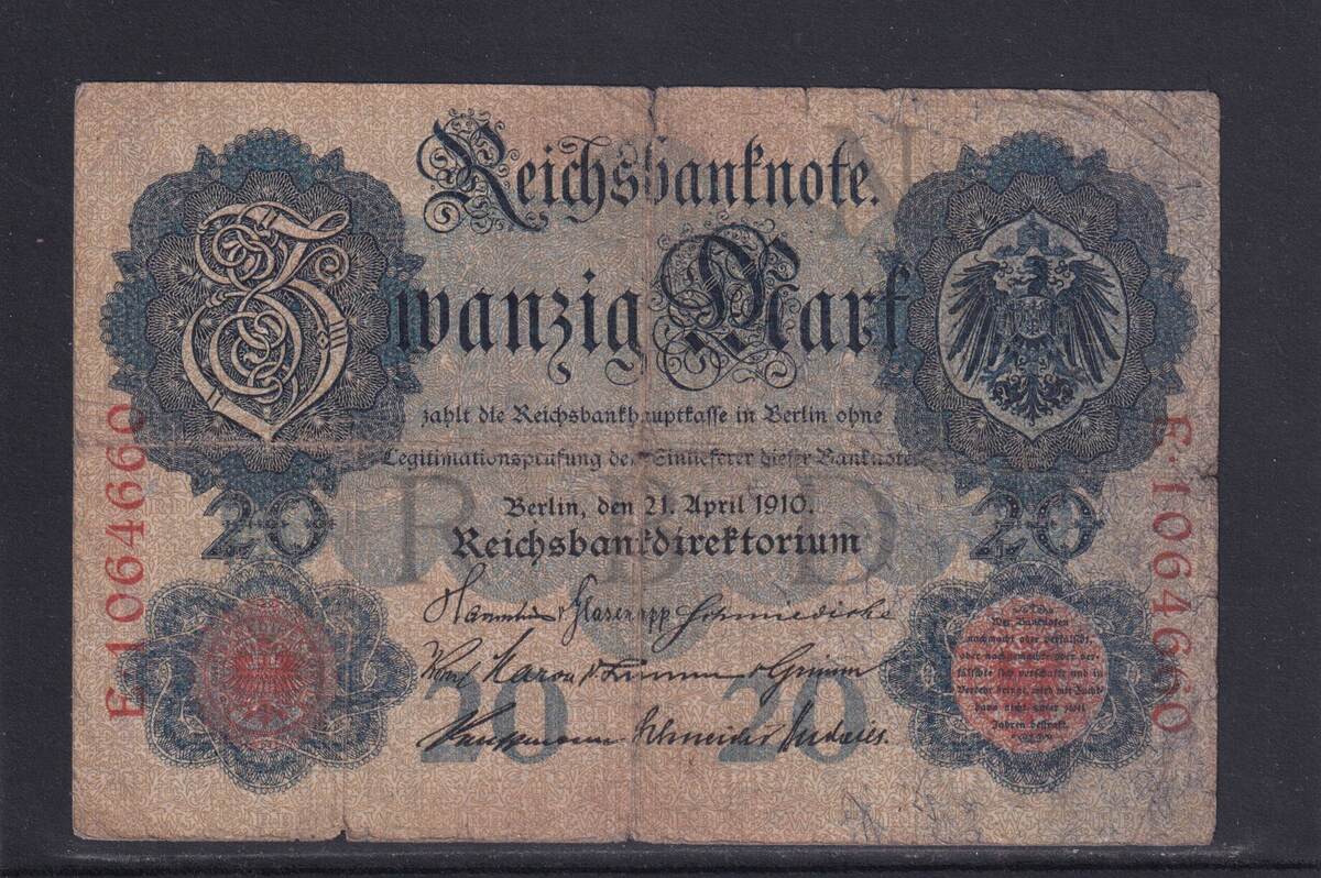 Kaiserreich, Reichsbanknote, 20 Mark 1910 Ro.40b, DEU-37b, KN 7 stellig ...